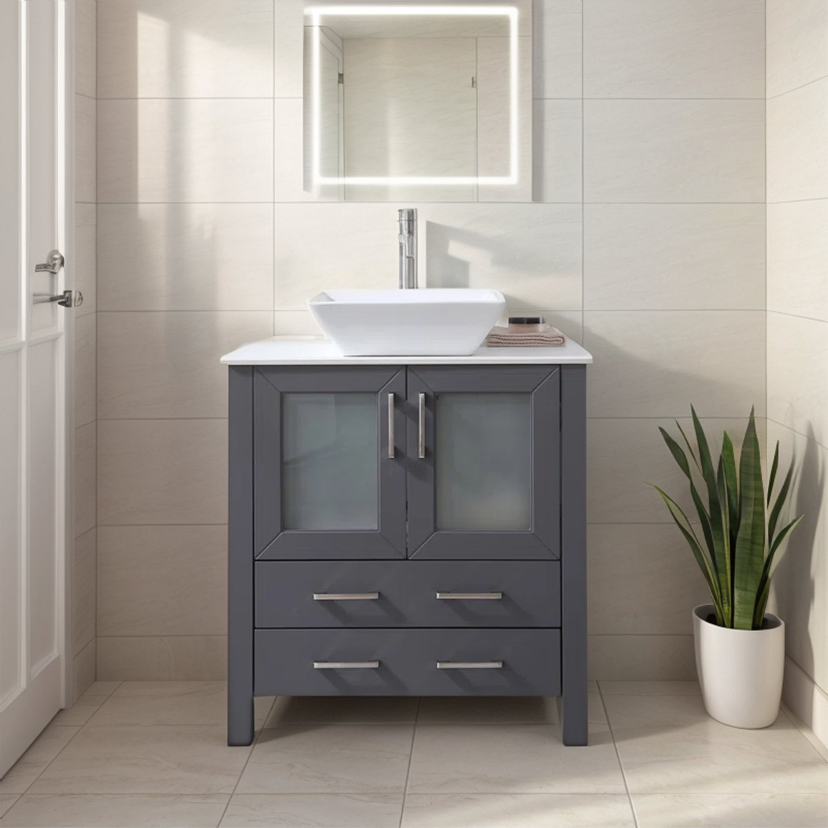 Mercer41 30'' Dark Gray Modern Vessel Glass Double Door Single Bathroom Vanity With Ceramic ...